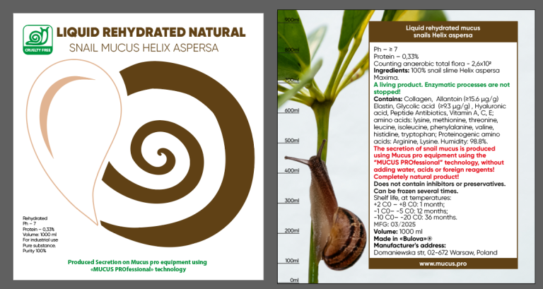Natural snail mucus without additives of the Mucus pro class