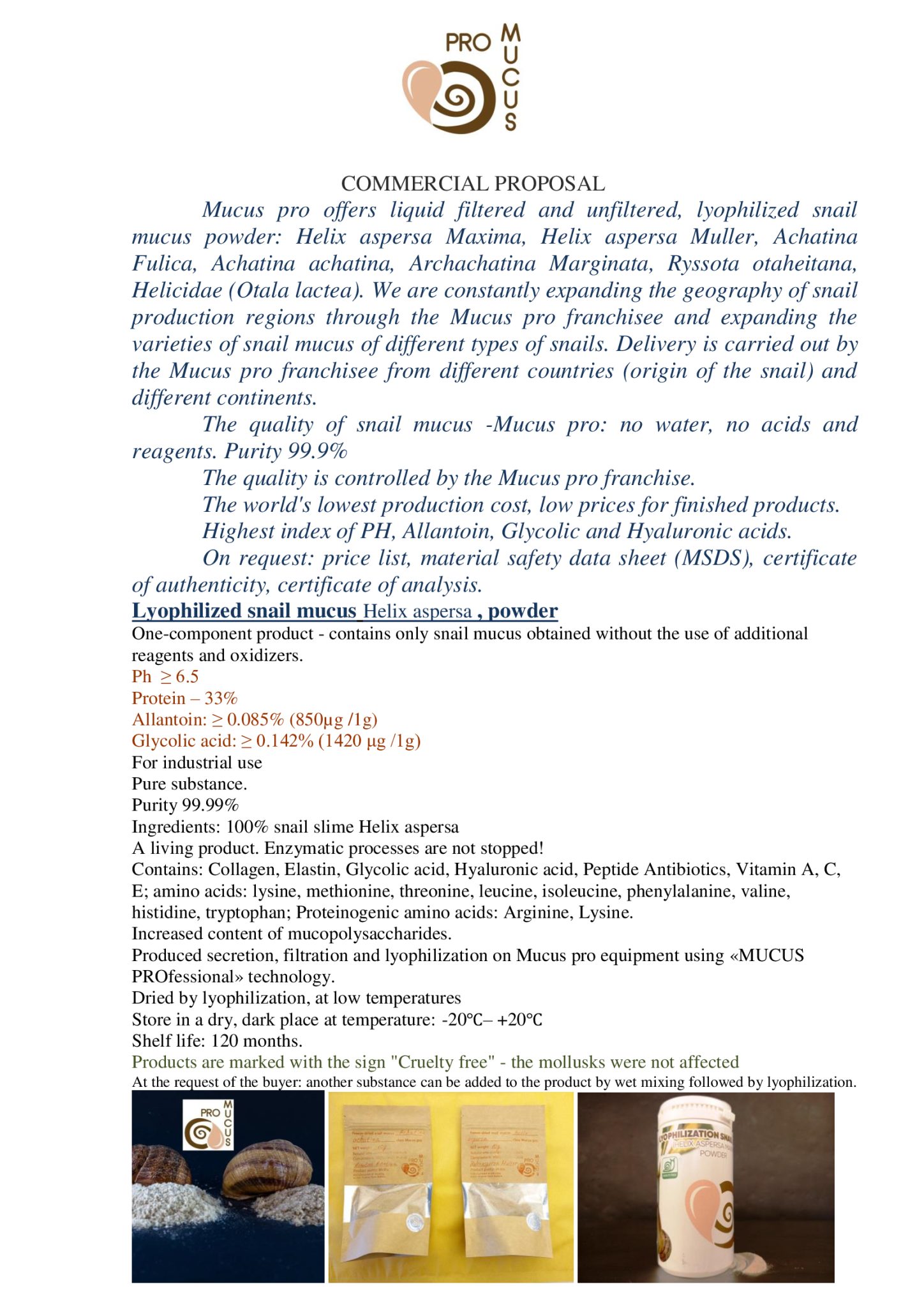 Natural snail mucus without additives of the Mucus pro class