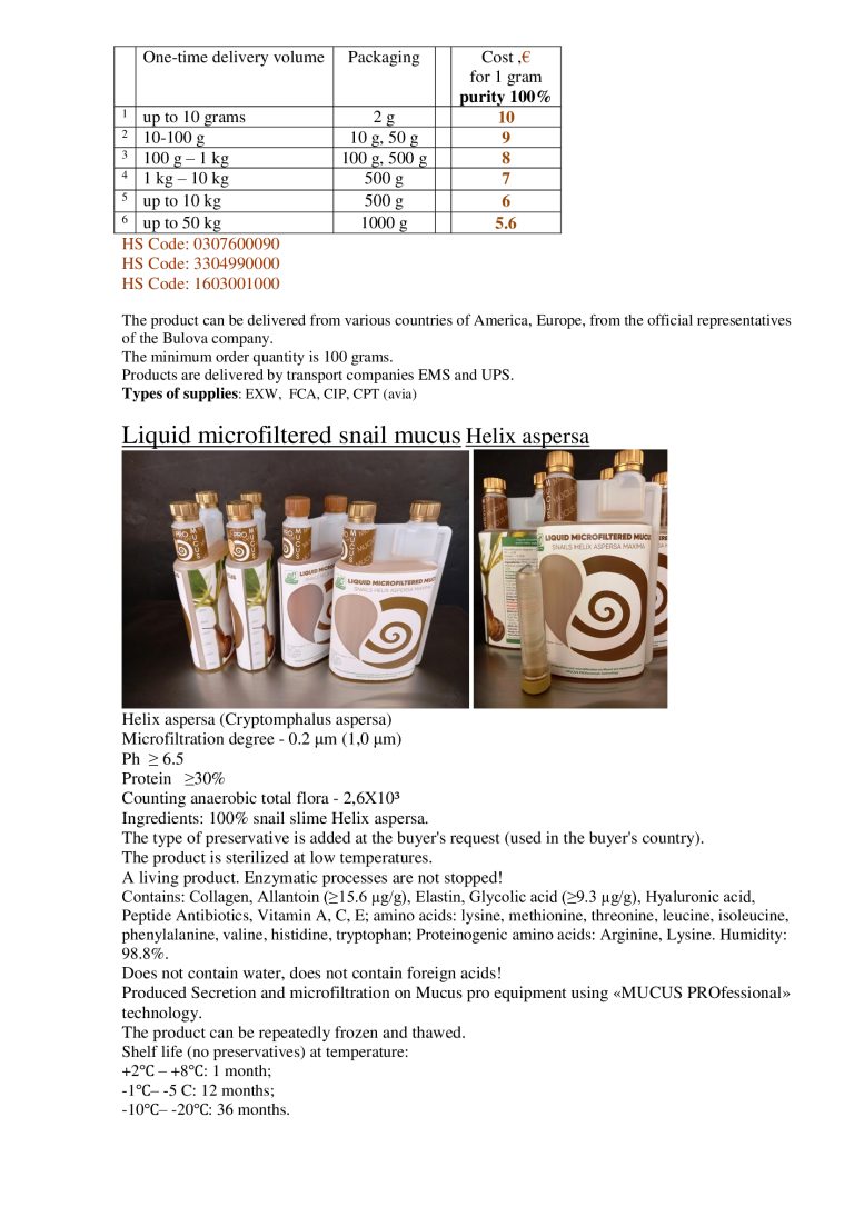 Natural snail mucus without additives of the Mucus pro class